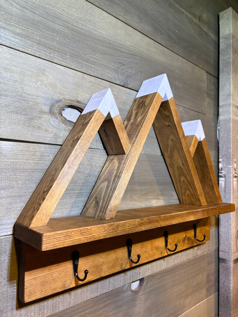Mountain Key Holder Shelf – Rustic Wall Decor with Hooks – AJD Mercantile